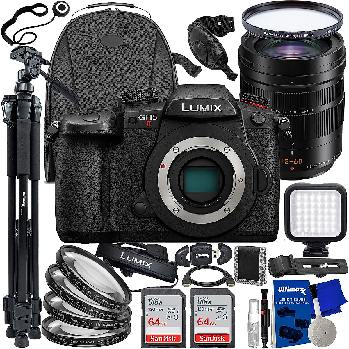 PhoenixPhoto | Panasonic Intl Lumix GH5M2 GH5 II Mirrorless Camera with 12-60mm f/2.8-4 Lens + 2X SanDisk 64GB Ultra Memory Cards,UV Filter, Lightweight 72inch Tripod,(32pc Bundle) PADCGH5M2LB2