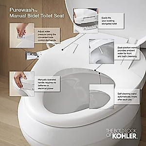 KOHLER 98804-CP-0 Purewash M300 Elongated Manual Bidet Toilet Seat With Chrome Handle, Non-Electric Bidets for Existing Toilets, White
