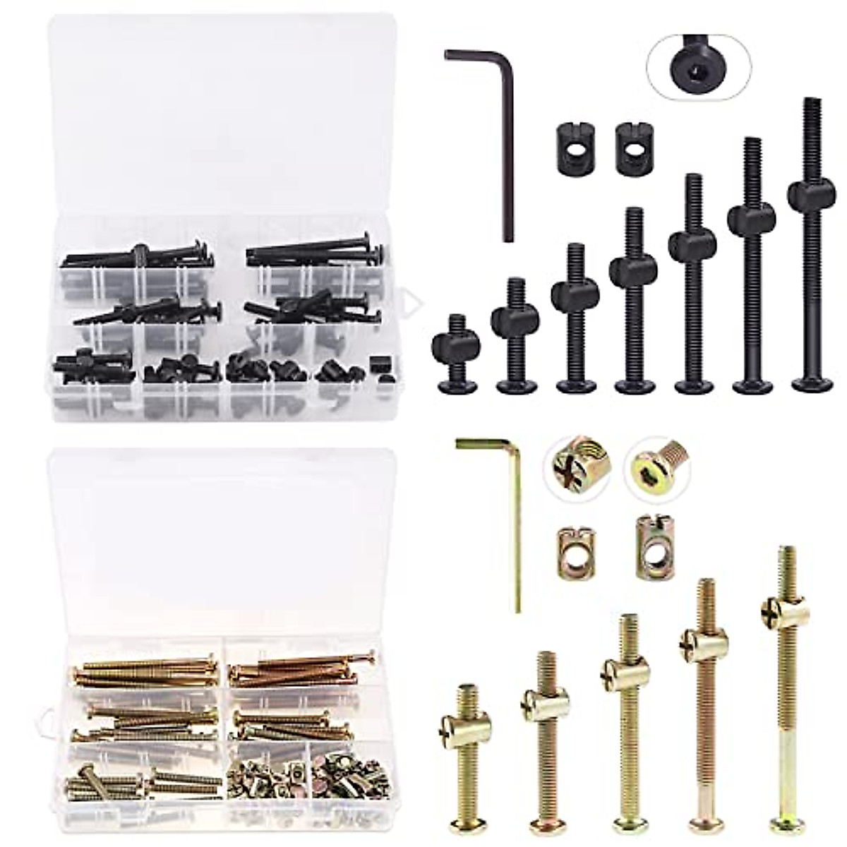 Keadic 185Pcs M6 20/30/40/50/60/70/80mm Baby Bed Screws Hardware Replacement Kit, Hex Socket Head Cap Screws Nuts for Furniture Cots Beds Crib, 1 Hex Key for Free