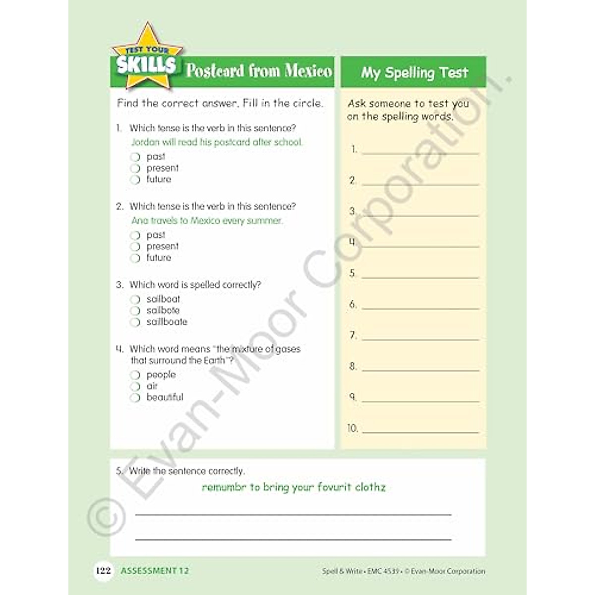 Evan-Moor Skill Sharpeners Spell and Write Workbook, Grade 3, 120 Spelling Words, Test Prep, Word Families, Short Vowels, Grammar, Punctuation, Creative Writing, Vocabulary, Activities, Homeschool