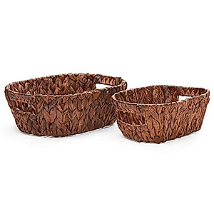 Americanflat Water Hyacinth Storage Baskets with Handle - Handwoven and Decorative for Organizing at Home - Set of 2 - 1 Large and 1 Small Oval Wicker Basket (Walnut Color)