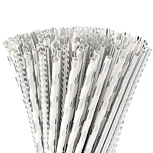ALINK Biodegradable Silver Paper Straws Bulk, Pack of 100 Metallic Foil Striped/Wave/Dots Straws for Birthday, Wedding, Bridal/Baby Shower, Christmas Decorations and Party Supplies