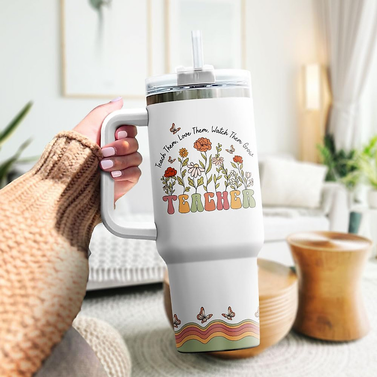 99OWL Teacher Wildflower Retro Vintage Nutrition Facts, Tumbler 40 Oz With Handle Lid And Straw, Teacher Gifts, Stainless Music Teachers Floral Gift Coffee Water Flower Cups Funny