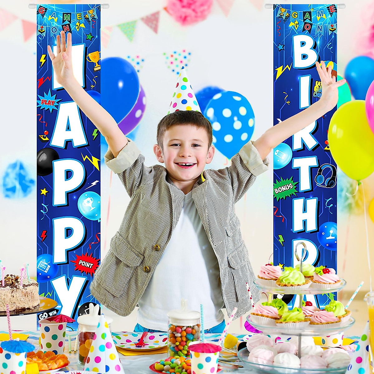 Avezano Video Game Happy Birthday Banner Gaming birthday Porch Signs Blue Game on Hanging Door Banner for Boys Game Birthday Party Decoration Supplies