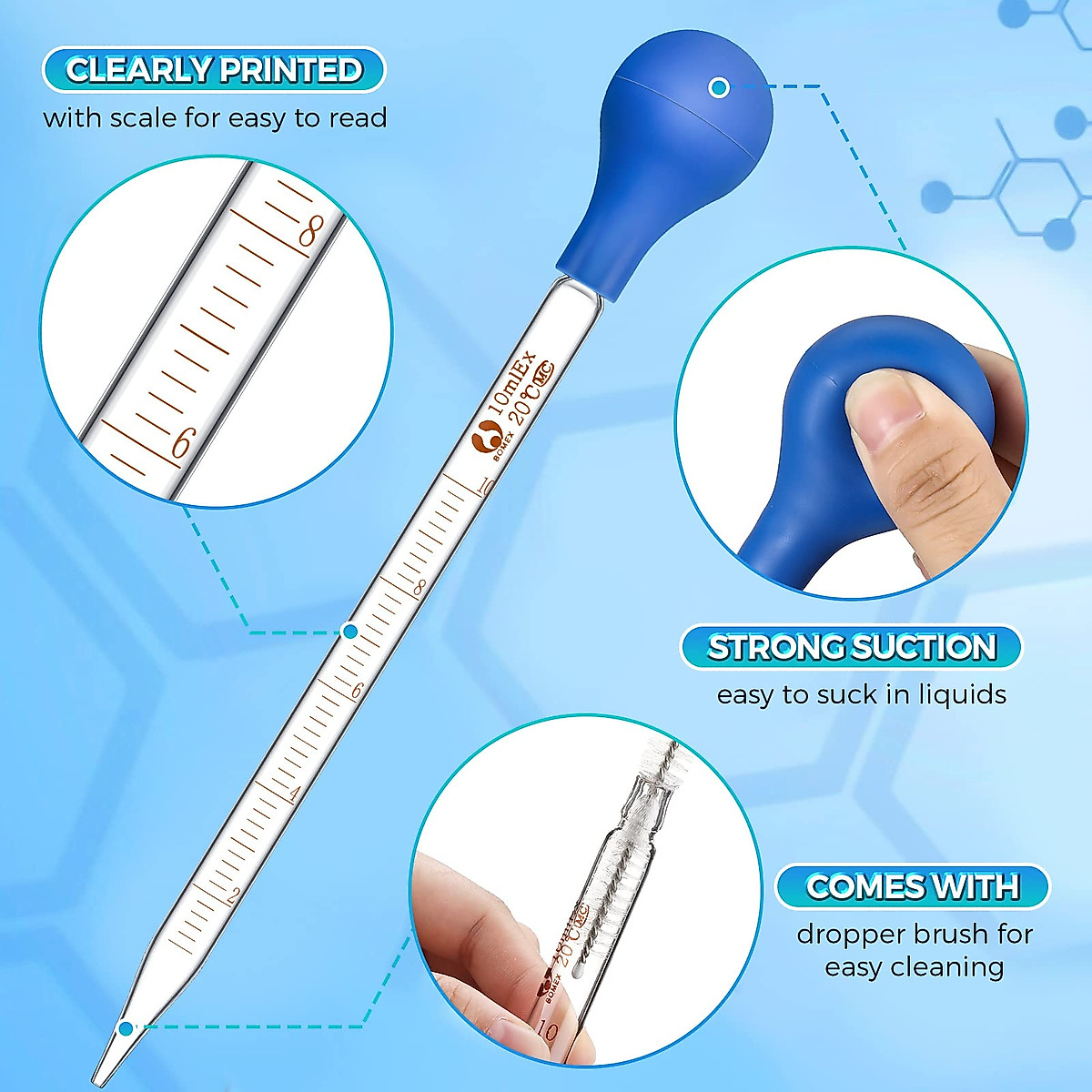 Weewooday Glass Droppers Pipettes Graduated Lab Dropper Glass Liquid Pipette with Big Rubber Hats 20 cm Glass Stir Rod Washing Brush Transfer for Liquid Essential Oil(16 Pieces,Blue,5 Ml, 10 ml)