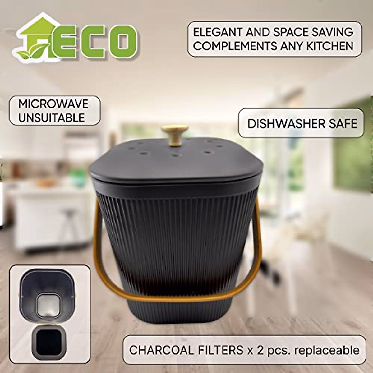 Compost Bin Kitchen - Compost Bin with Charcoal Dual Filter and Lid ...