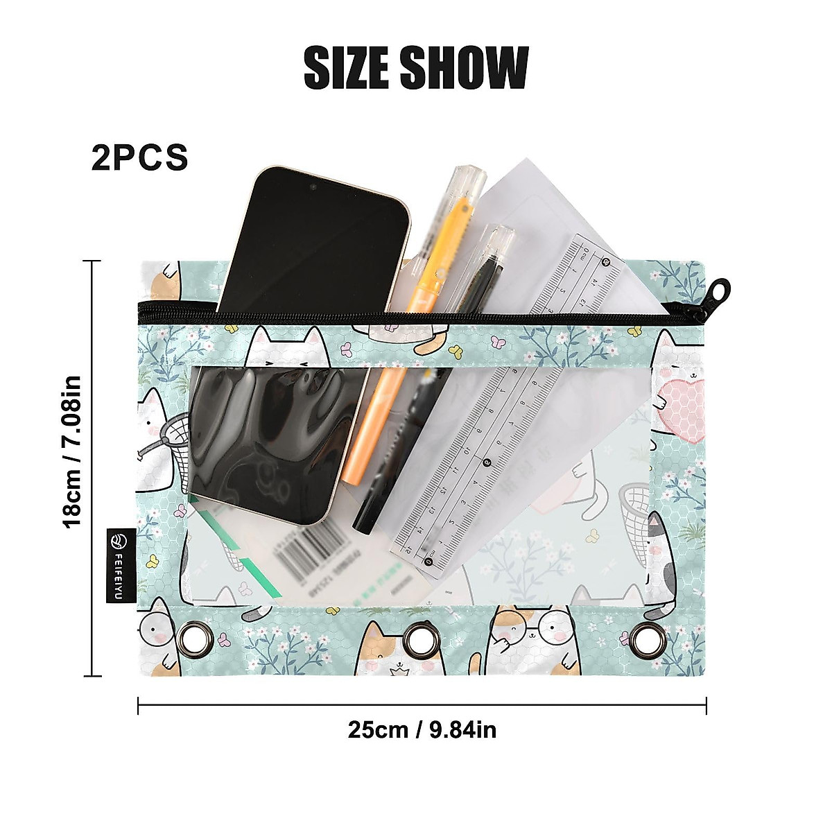 Kawaii Cute Cat Binder Pencil Pouch for 3 Ring Pencil Pouch with Zipper Clear Window Pencil Case Pencil Pouches Bags for Travel Office Supplies Cosmetic, 2 Pack