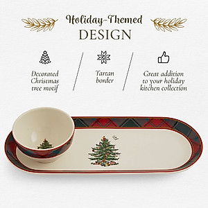 Spode Christmas Tree Collection| Tartan 2 Piece Chip and Dip| Measures 13-Inches| Made of Fine Earthenware| For Sauces and Appetizers| Dishwasher, Microwave, and Freezer Safe
