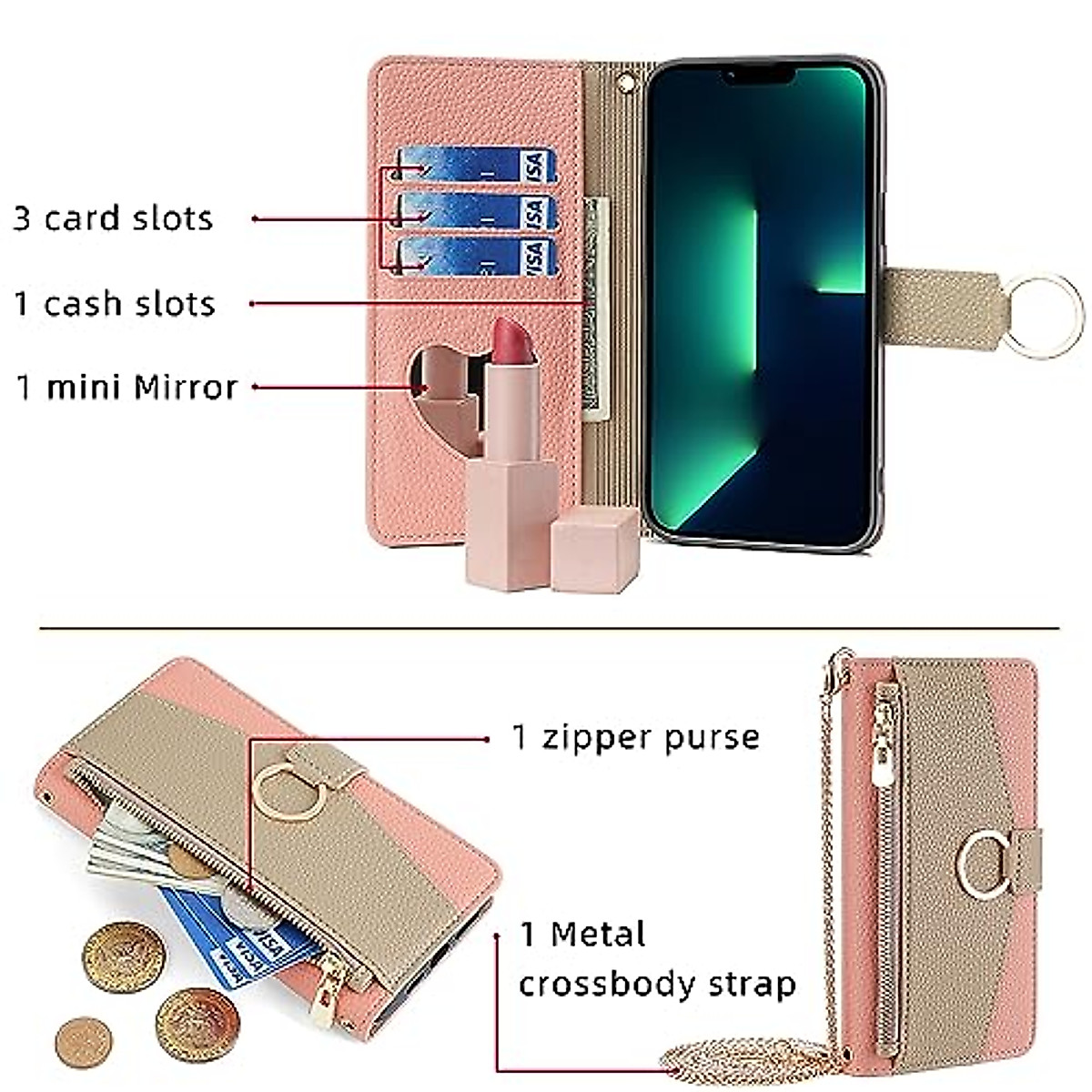 Arseaiy Wallet Case for Samsung Galaxy Note 10 Lite/A81/M60S Flip Phone Case Cover with Crossbody Strap Magnetic Zipper Pocket Makeup Mirror PU Leather Shockproof with Kickstand Shell