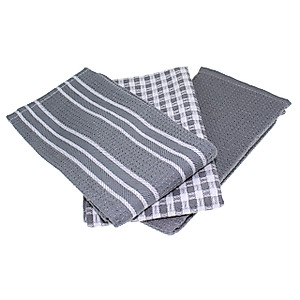 Classic Kitchen Towels, 100% Natural Cotton, The Best Tea Towels, Dish Cloth, Absorbent and Lint-Free, Machine Washable, 18 x 25 Inch, 3 Pack, White with Grey Stripe