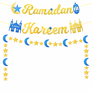 Ramadan Kareem Banner Gold Glitter Ramadan Kareem Decorations for Home, Eid Ramadan Mubarak Festival Party Decoration, Ramadan Banner Moon Star Lantern Garland Mantle Fireplace