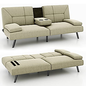 LIFERECORD Futon Sofa Bed Modern Linen Fabric Convertible Folding Lounge Couch Daybed for Living Room with 2 Cup Holders, Removable Soft Armrest and Sturdy Metal Leg, Khaki