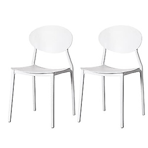 Fabulaxe Modern Plastic Outdoor Dining Chair with Open Oval Back Design, White Set of 2