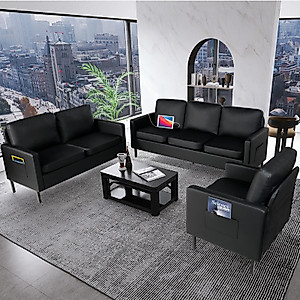 STHOUYN 3 Piece Living Room Furniture Sets, 3 Seat Couch and Loveseat with 2 USB, Single Sofa Accent Chair, Modern Small Couches for Small Spaces, Bedroom, Apartment (Black, 1+2+3(Armrest))