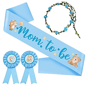 4pcs Bear Theme Mom to Be Sash baby shower Dad to Be Pin and blue Flower Crown for Gender Reveal Party Baby Shower Decorations for boys Pregnancy Props Keepsake Gifts
