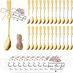Skybooly 50 Sets Bridal Shower Tea Party Favors for Guests Mini Coffee Spoons Small Tea Spoons Heart Spoon with Teapot Idea Thank You Cards and Hemp Rope Wedding Souvenirs Tea Party Supplies