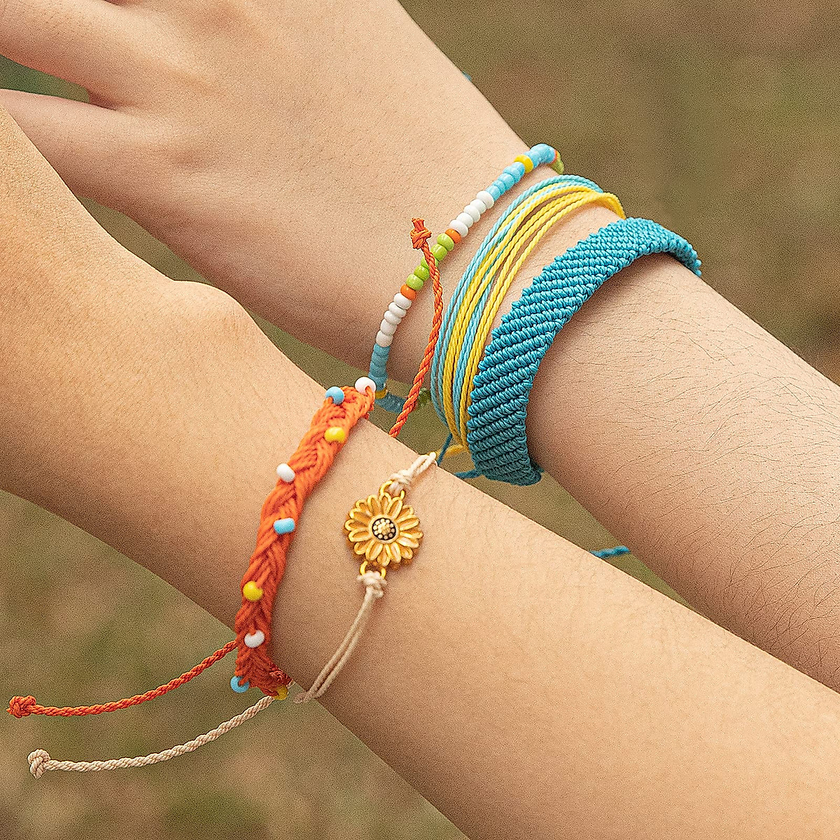 Braided Sunflower Boho String Woven Strand Bracelets Set for Women Adjustable Wrap Rope Charm Wave Jewelry Friendship Waterproof Gift Sunflower