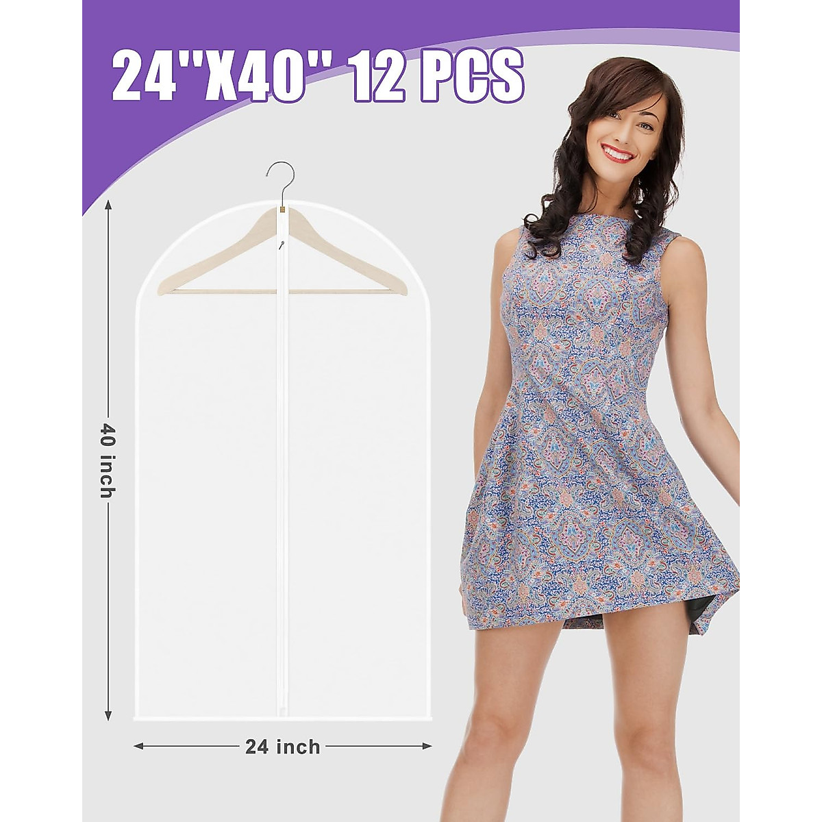 Clear Garment Bags for Hanging Clothes 12 Packs Suit Bags for Closet Storage Hanging Clothes Plastic Garment Bags Dress Bag for Suits, Coats 24'' x 40''