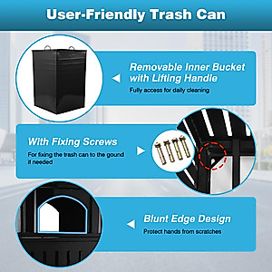 IRONWALLS Commercial Trash Can with Lid, Black Outdoor Garbage Can for Patio, Side Opening Steel Square Commercial Waste Bin, Decorative Trash Container with Removable Inner Bucket for Park, Garden