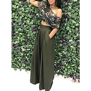 Famnbro High Waisted Pants for Women Maxi Length Loose Wide Leg Trousers Palazzo Pants Green