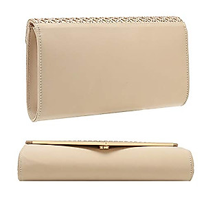 CHARMING TAILOR Elegant Satin Clutch Shimmering Rhinestones Laser-cut Flap Prom Purse (Beige)