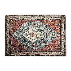 AIZHU Collection Boho Area Rug - 3’ x 5’, Non Slip Thin Entryway Rug Doormat Washable Distressed Accent Indoor Throw Low Pile Rug Front Floor Carpet for Entrance Living Room kitchen Bedrooms, Bohemian