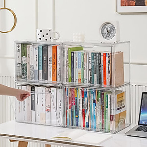 BOHOIDEE 2PACKS Clear Book Storage Organizer for Bookshelf, Plastic Stackable Book Display Case with Magnetic Door, Acrylic Showcase for Toys Handbags, Shoes, Purses