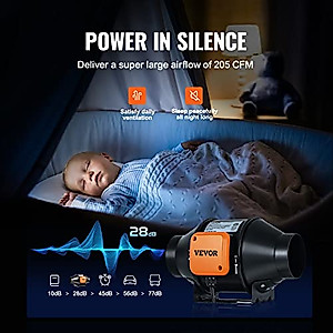 VEVOR Inline Duct Fan, 4-Inch 205 CFM with Temperature Humidity Controller, Quiet EC-motor Ventilation Exhaust Fan for Cooling Booster, Grow Tents, Hydroponics