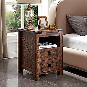 T4TREAM Nightstand wtih Charging Station, End Table, Side Table with 2 Drawers Storage Cabinet for Bedroom, Living Room, Farmhouse Design, Wood Rustic, Reclaimed Barnwood