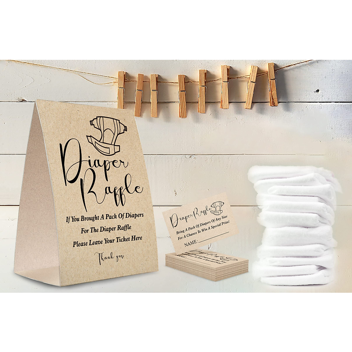Tesedupoole Kraft Paper Diaper Raffle Sign,Diaper Raffle Baby Shower Game Kit (1 Standing Sign + 50 Guessing Cards),Baby Showers Decorations,Card for Baby Shower Game to Bring a Pack of Diapers-NPZ18