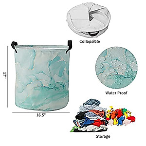 Marble Aqua Large Laundry Basket, Collapsible Bag with Easy Carry Handles, Ombre Painting Abstract Golden Line Waterproof Foldable Freestanding Hamper, Folding Washing Bin Clothes Storage Round