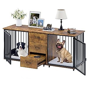 YITAHOME Double Doors Dog Crate Furniture, 74" Inch Wooden Dog Kennel with Room Divider & 2 Drawers, 2-in-1 TV Stand,4 Pull-Out Stainless Steel Dog Feeders Bowls for 2 Large Medium Small Dogs, Brown