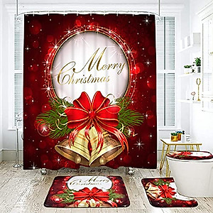 Merry Christmas Shower Curtain Sets with Non-Slip Bathroom Rugs, Toilet Lid Cover, Bath Mat and 12 Hooks, Xmas Red Bell Bow Bathroom Sets with Shower Curtain and Rugs for Christmas Decoration