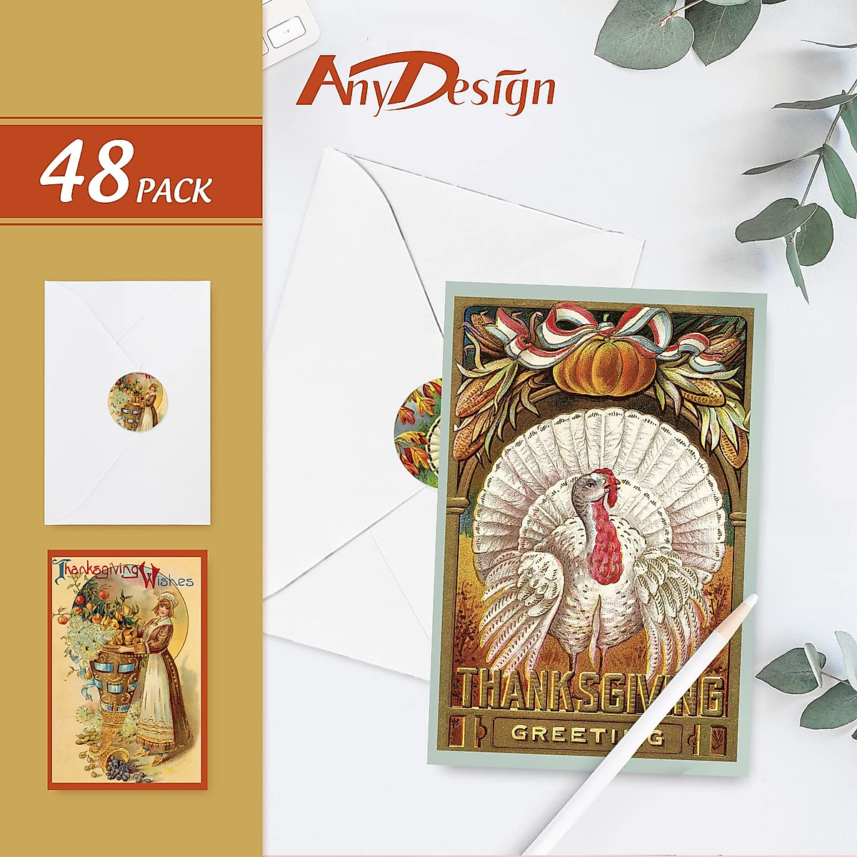 AnyDesign 48 Pack Vintage Fall Greeting Cards with Envelope Stickers 12 Designs Thanksgiving Cards Retro Autumn Harvest Thank You Note Cards for Wedding Baby Shower Supplies, 4 x 6 In
