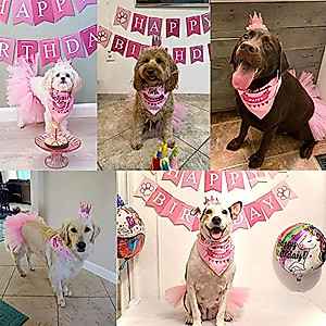 ADOGGYGO Dog Birthday Bandana Girl - Birthday Party Supplies - Pink Tutu Skirt Crown Hat Scarf Happy Birthday Banner Dog Girl Birthday Outfit for Pet Puppy Cat Girl (Pink)