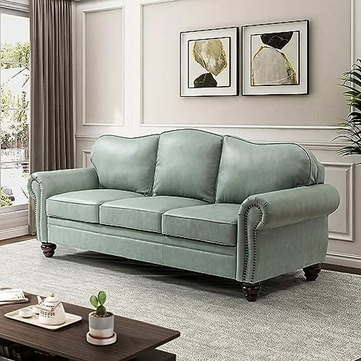 HULALA HOME 81'' Upholstered Leather Sofa with Nailhead Trim and Rolled Armrests, Mid-Century Modern Living Room 3-Seater Couch, Sage Couch with Removable Cushion for Bedroom Apartment
