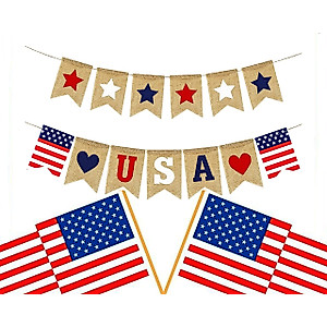 Shimmer Anna Shine USA American Flag Patriotic Burlap Banner for 4th of July Decorations Red White and Blue Memorial Day Decor (USA Stars and Stripes)