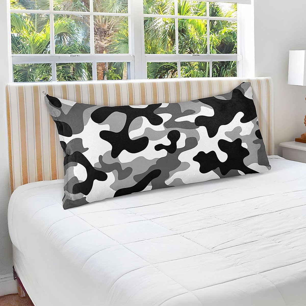 Black White Camouflage Zipper Pillowcase Soft Body Pillow Cover with Zipper King Size Pillow Case for Couches Living Room Bed 20x40in