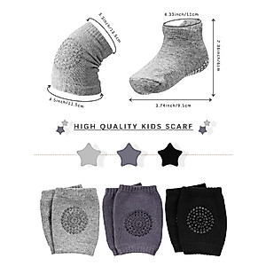 SATINIOR 6 Pairs Baby Knee Crawling Pads Anti-Slip Knee Protectors Toddler Infant Boys Girls Non-Slip Socks (Black, Dark Gray, Light Gray), One Size
