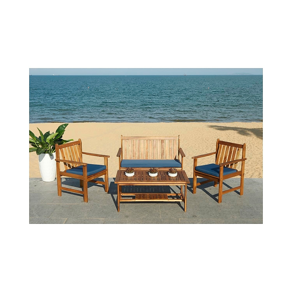 SAFAVIEH Outdoor Collection Burbank Teak and Navy 4 Pc Outdoor Set