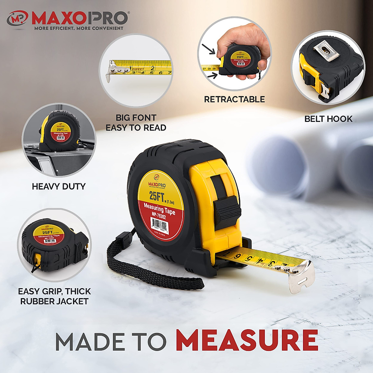 MaxoPro Retractable Tape Measure 25 ft with Precision (1/32"/1mm) – Heavy Duty, Sturdy & Easy to Read Measuring Tape with Thick Rubber Jacket Grip & 25mm Width Smooth Sliding Tape Blade