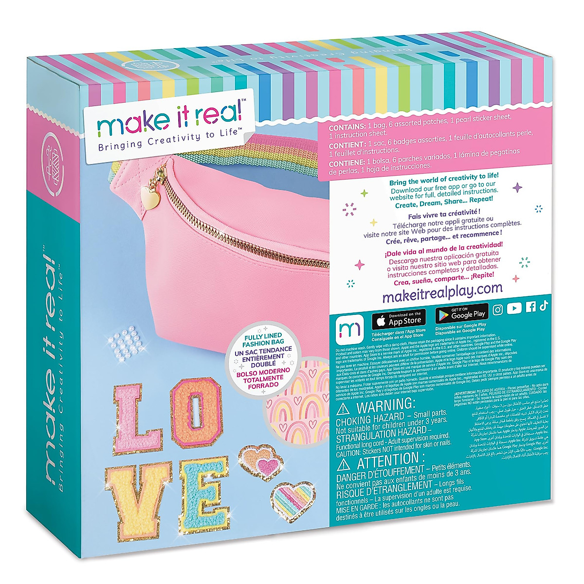 Make It Real: Fashion Bum Bag with Patches - 9 pcs, Pink Zipper Bag with Rainbow Band, DIY Customize, Love Patches, Tweens, Girls & Kids Ages 8+