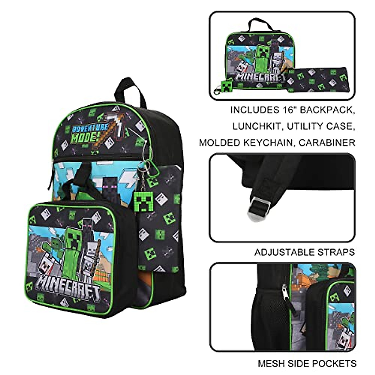 Minecraft 5-Piece Set: 16" Backpack, Lunchbox, Utility Case, Rubber Keychain, and Carabiner