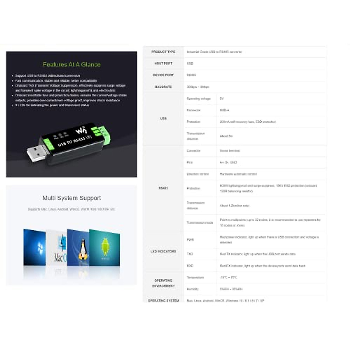 Industrial USB to RS485 Converter Adapter with Original CH343G and SP485EEN, Built-in Lightningproof Tube, Resettable Fuse, ESD and TVS Protection Circuits, up to 1.2km RS485 Transmission Distance