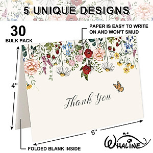 Whaline 30 Pack Wildflower Thank You Cards Vintage Floral Greeting Cards with Envelopes Stickers Retro Flower Blank Note Cards for Wedding Bridal Baby Shower Birthday Party Supplies, 4 x 6 Inch