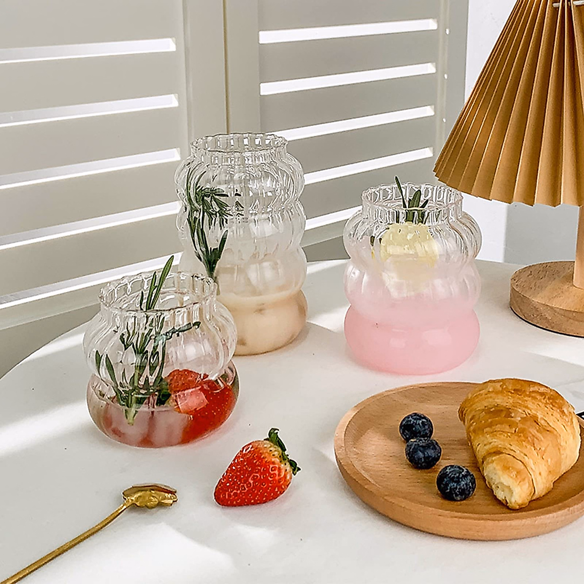 MALOKI Ripple Drinking Glasses,Origami Style Glass Cup Creative Ribbed Glassware Iced Coffee Cups Ideal for Cocktail, Whiskey, Fruit Juice,Milk,Water, Kitchen Bar Decor