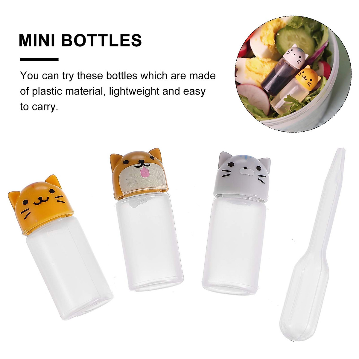 DOITOOL 3Pcs Mini Sauce Squeeze Bottles for Lunch Box, Cute Cat Dog Shaped Mini Ketchup Bottle Mini Condiment Bottle Sauce Bottles Lunch Box Dressing Dispensers for Kids Adults Bento Box with Dropper