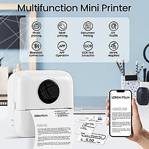 ZERNBER X5 Mini Printer Sticker Printer, Portable Inkless Black and White Thermal Bluetooth Sticker Printer for Pictures, Notes, Kids DIY Gifts (Free 10 Rolls of Printing Paper) White…