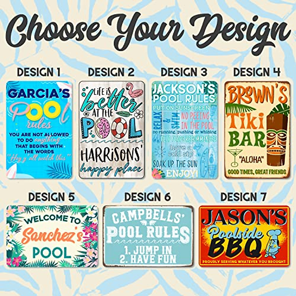 Personalized Pool Sign w/Name - Indoor/Outdoor Metal Sign for Garden, Patio, Hot Tub, Pool Deck | 7 Unique Designs | Customized Gifts for Swimming Pool Owners, Funny Backyard Decorations