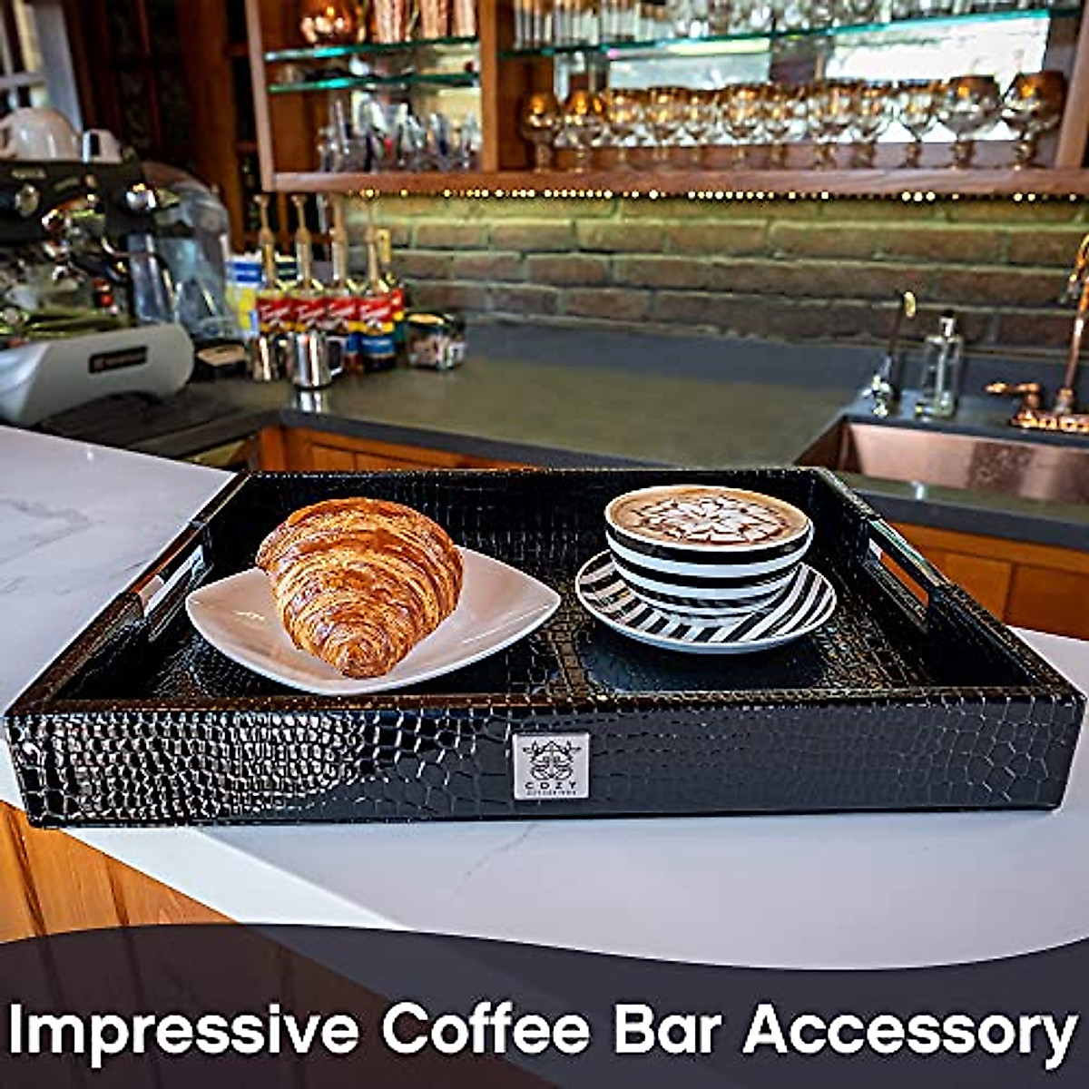 COZY GATHERINGS Leather Decorative Tray Glossy Black Crocodile Alligator with Shiny Metal Handles Storage Serving Trays for Coffee Table, Dinning, Kitchen, Ottoman, Living Room & Modern Home Décor